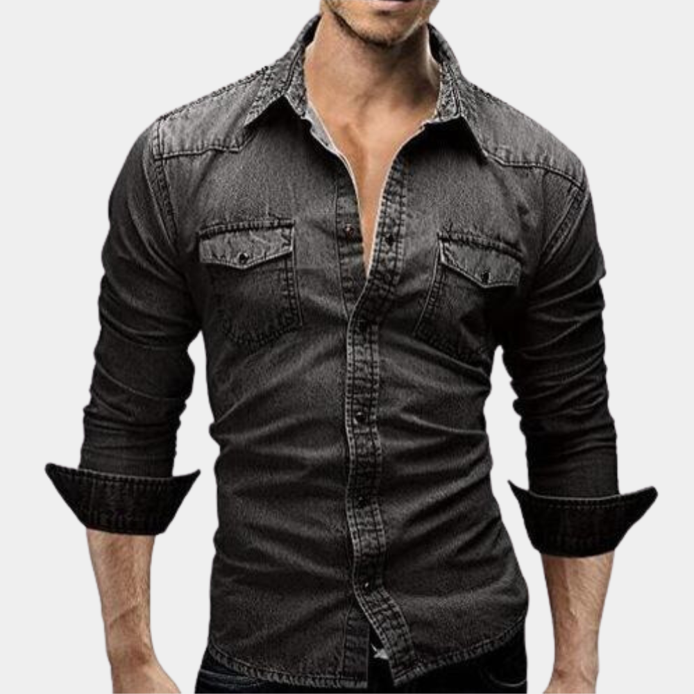 Herreskjorte i denim, svart, casual stil, slim fit – Oslo Mote
